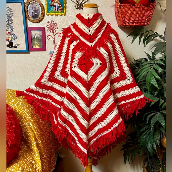 Sweaters | Adorable Homemade Red And White Crocheted Poncho | Poshmark